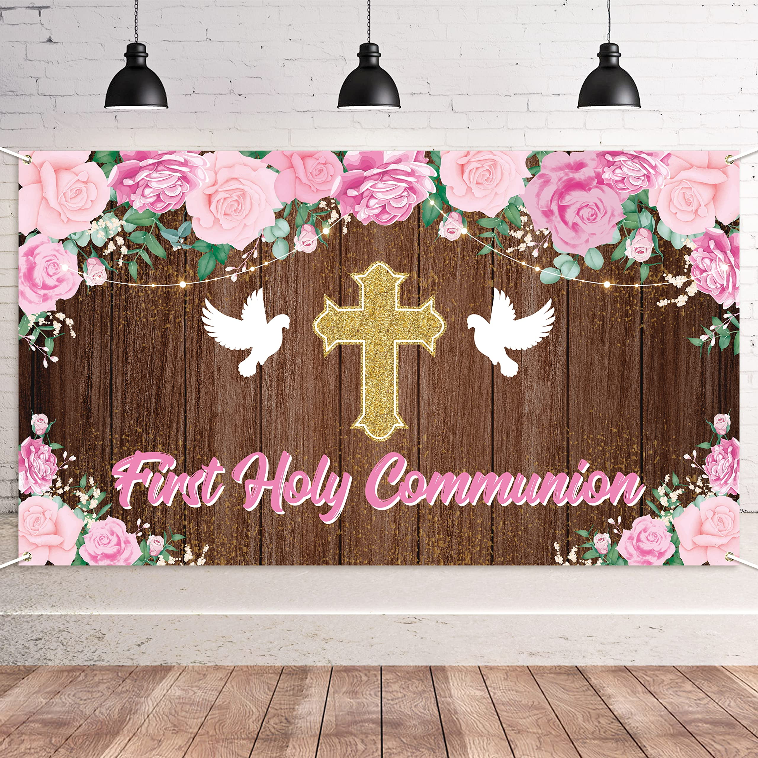 First Holy Communion Backdrop Banner God Bless Baptism Party ...