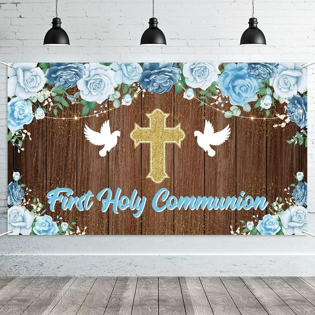 First Holy Communion Backdrop Banner God Bless Baptism Party ...