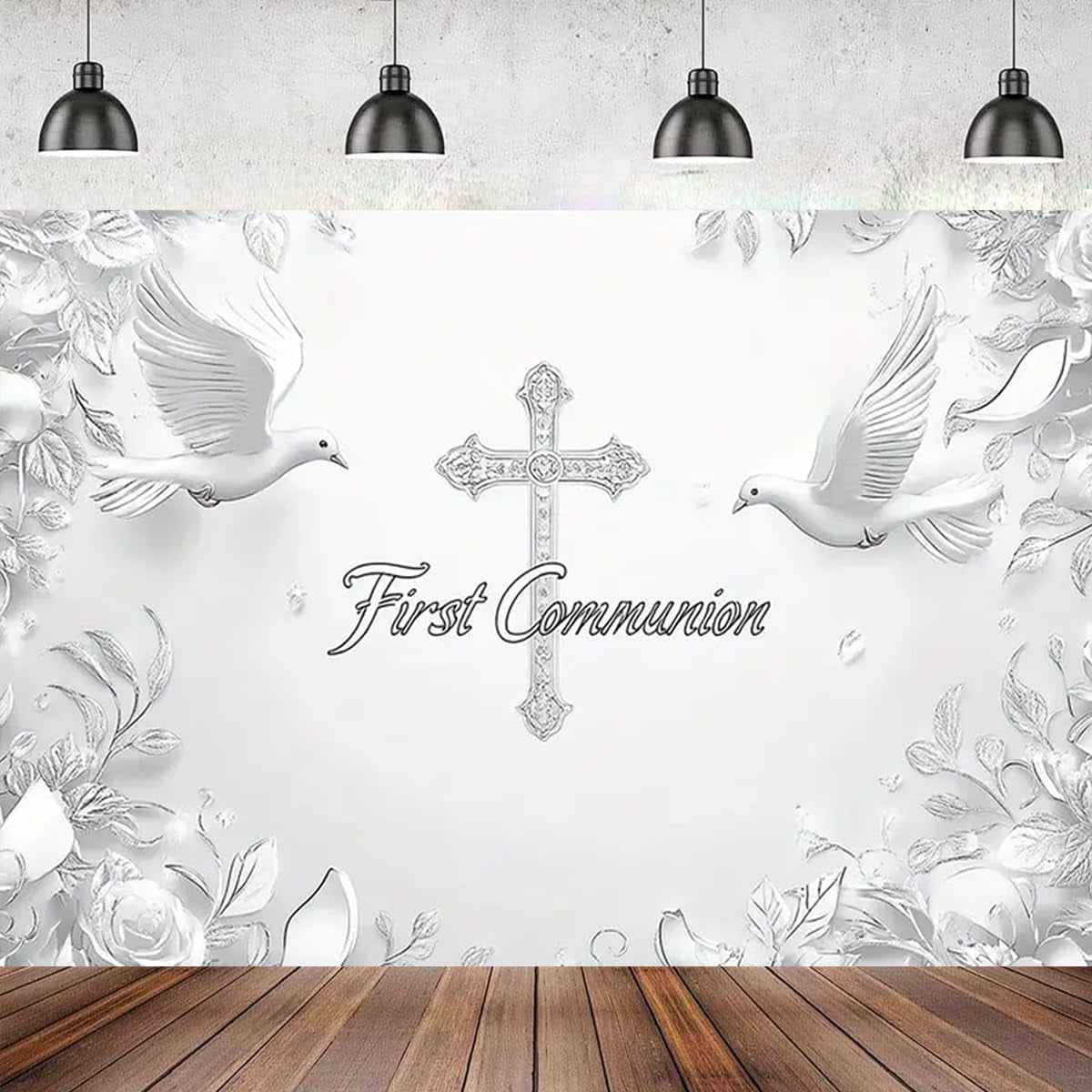First Holy Communion Backdrop Banner Silver Watercolor Floral Peace ...