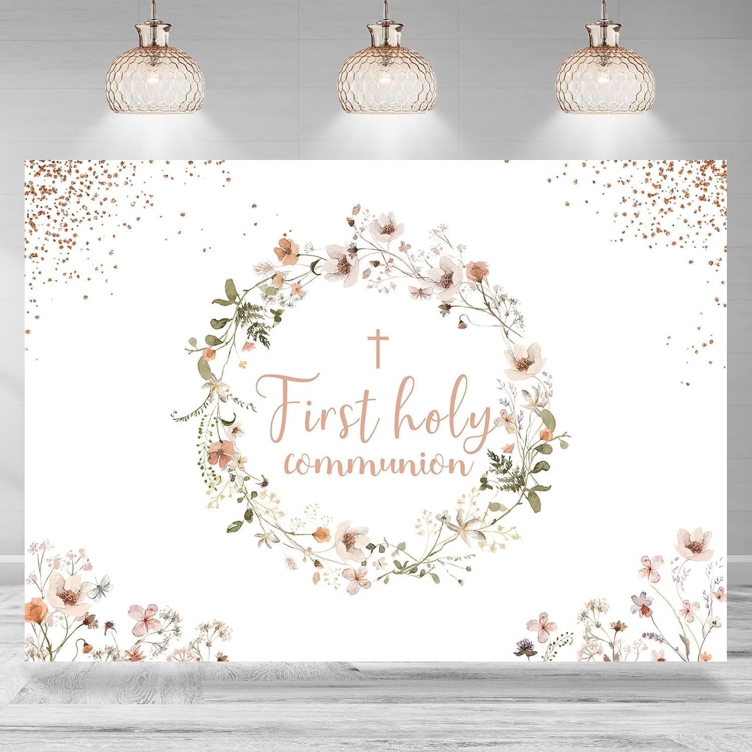 First Holy Communion Backdrop Baptism God Bless Blush Pink Floral ...
