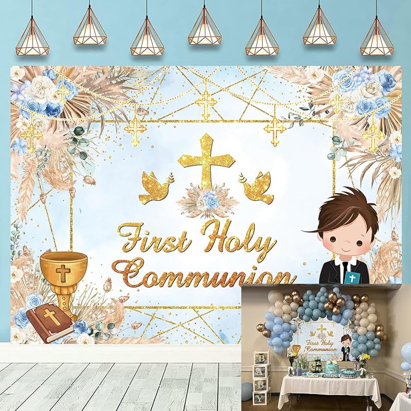 First Holy Communion Backdrop Blue Flower God Bless Baptism Party ...