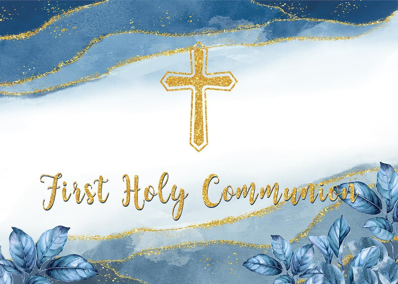 First Holy Communion Backdrop Blue Gold God Bless Baptism Photography ...