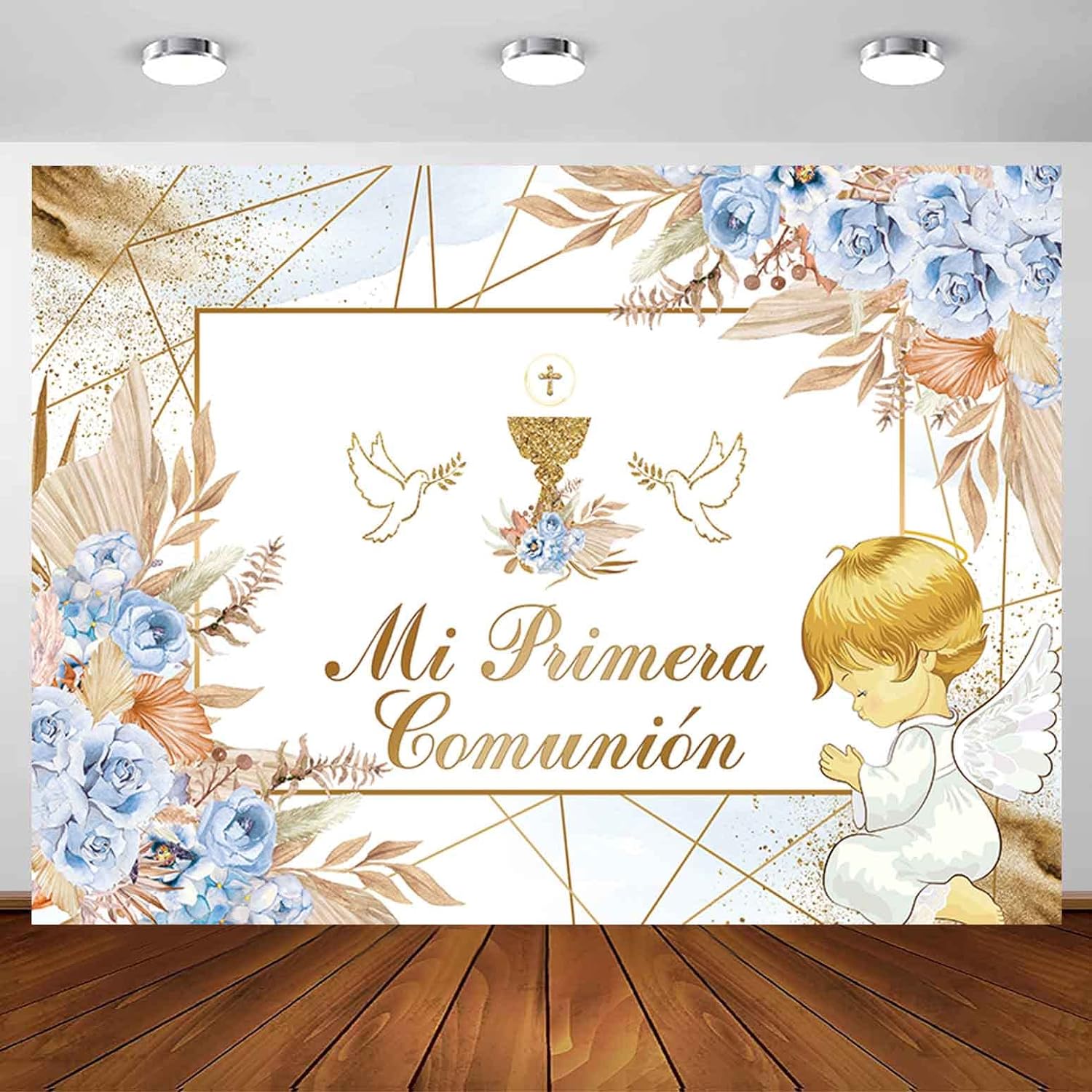First Holy Communion Backdrop Boho Baptism God Bless Mi Primera Comunion Christening Party ...
