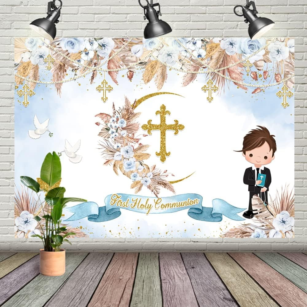 First Holy Communion Backdrop for Boy Kids Mi Primera Comunion Blue Flower Boho Background ...