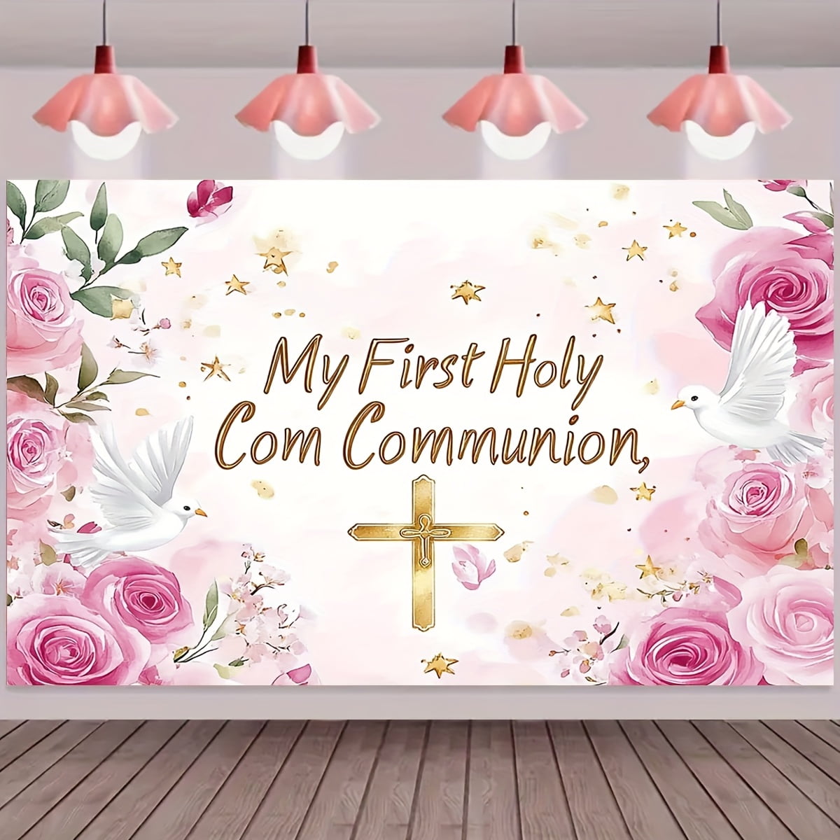 First Holy Communion Backdrop Dove Pink Floral God Bless Photography ...
