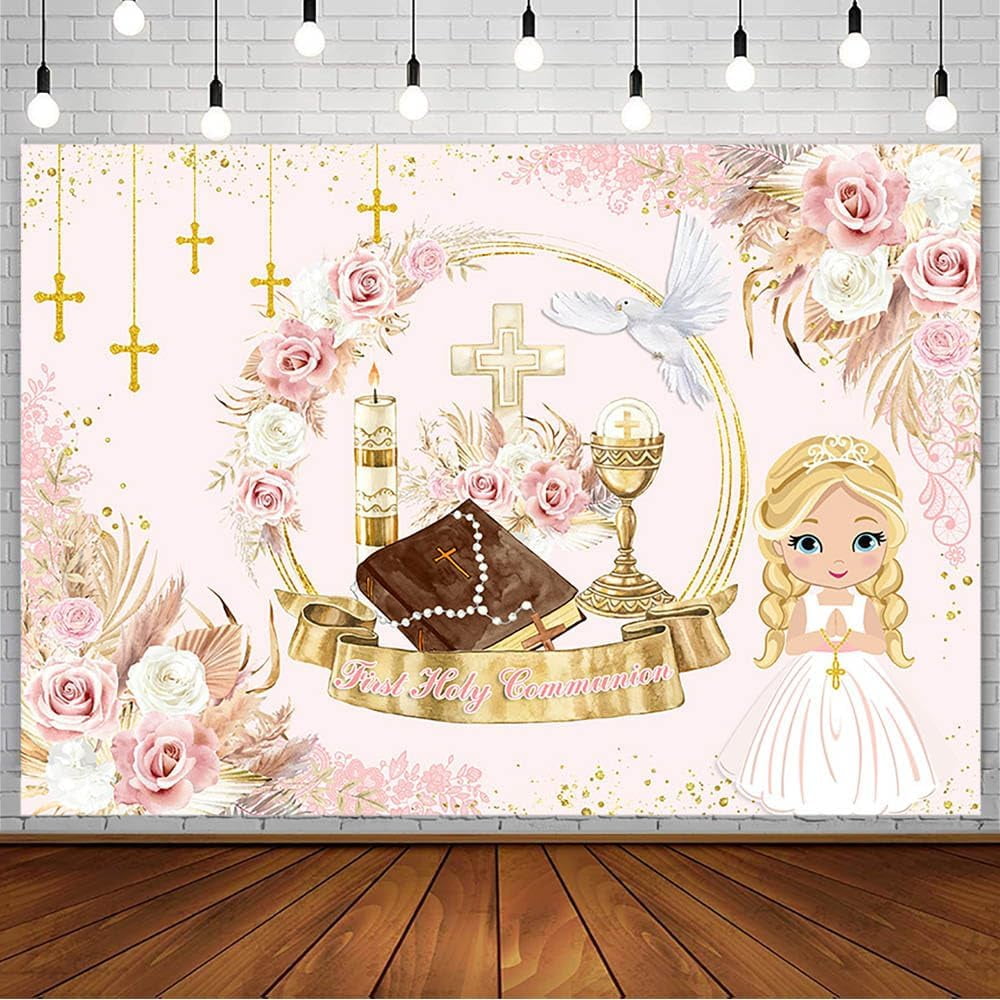 First Holy Communion Backdrop for Girl God Bless Baptism Party ...