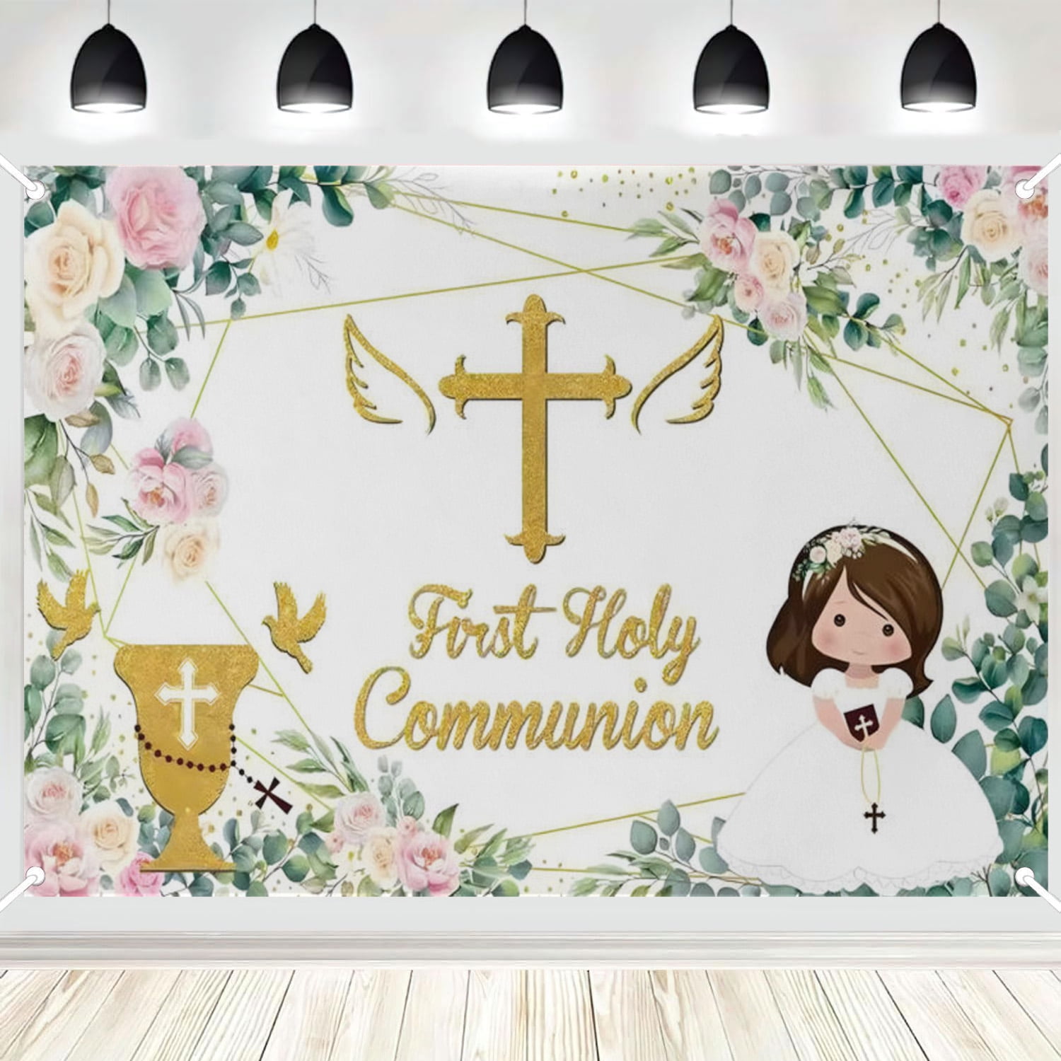 First Holy Communion Backdrop for Girl White and Elegant Floral ...