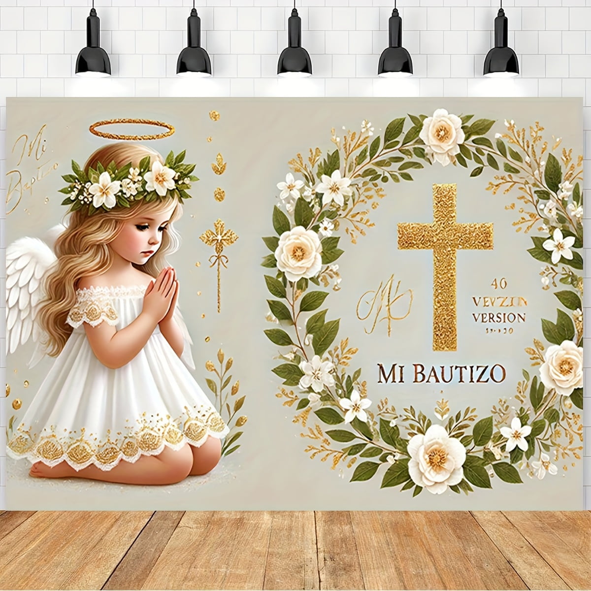 First Holy Communion Backdrop for Girls White Floral Golden Angel Baptism Baby Shower ...