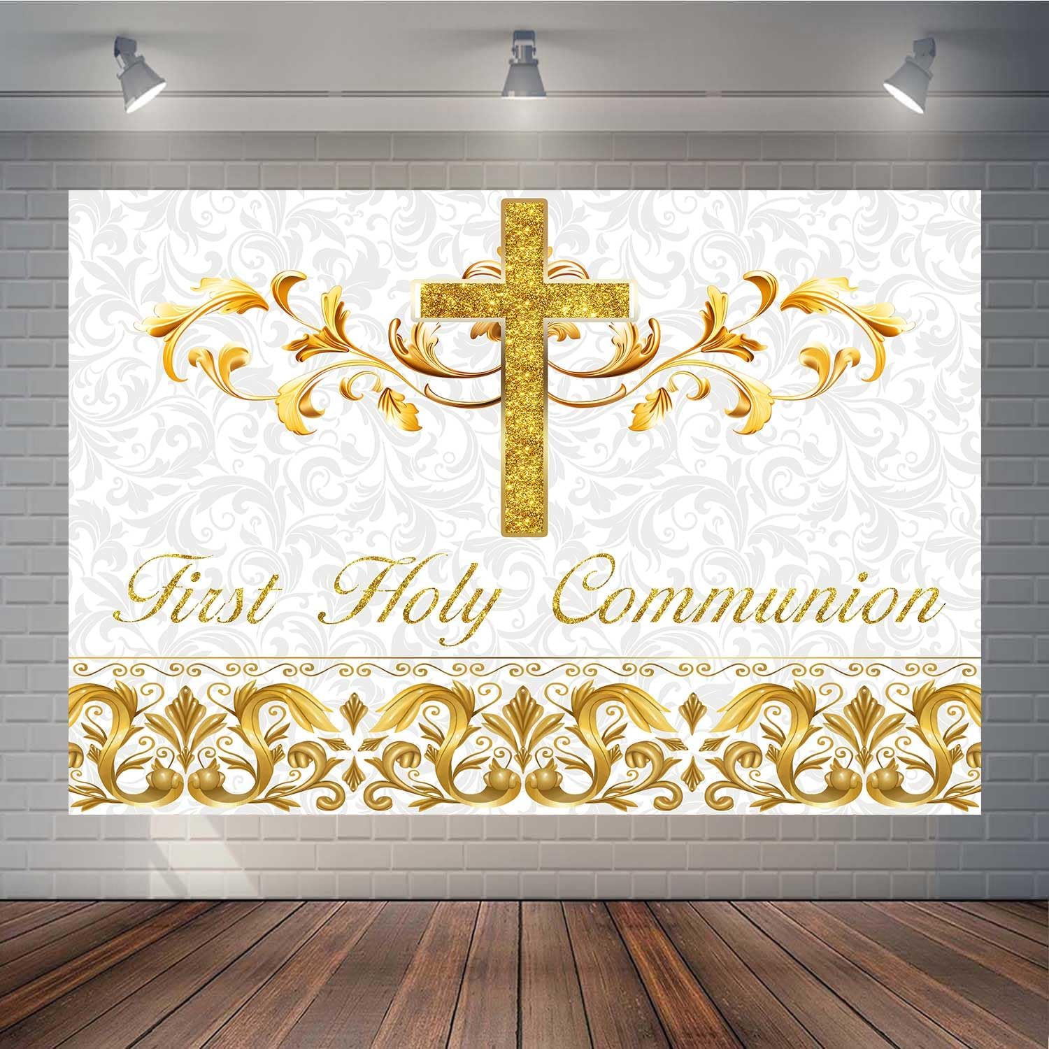 First Holy Communion Backdrop God Bless Backdrop Gold and White Floral ...