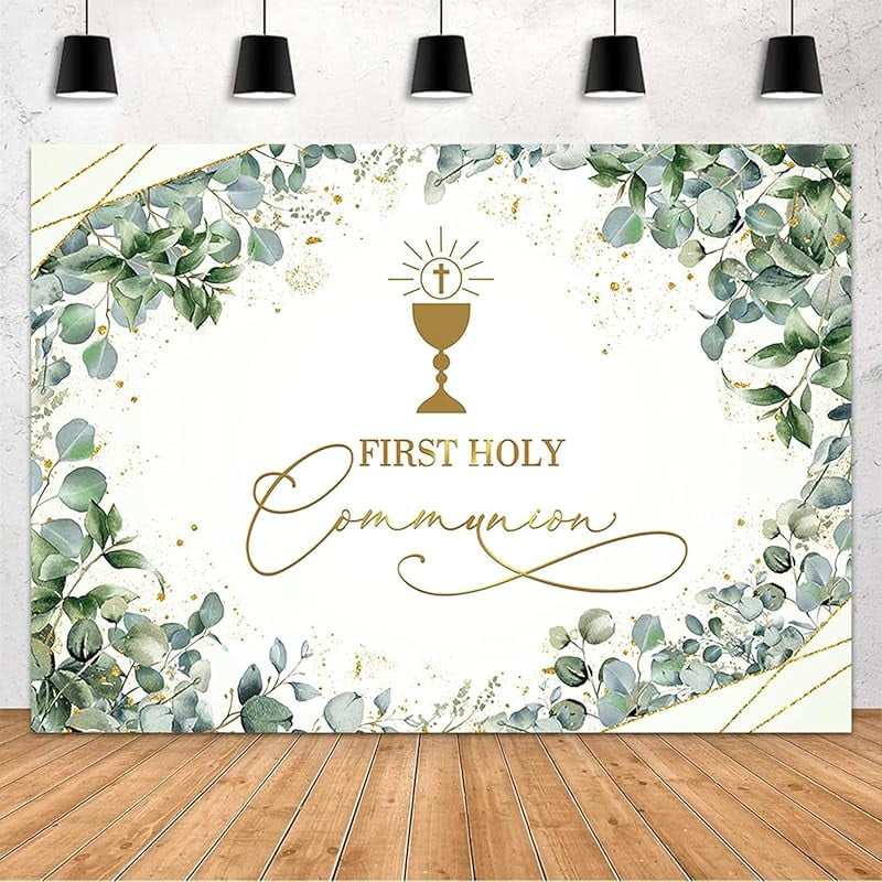 First Holy Communion Backdrop Green Eucalyptus Leaves God Bless Baptism ...