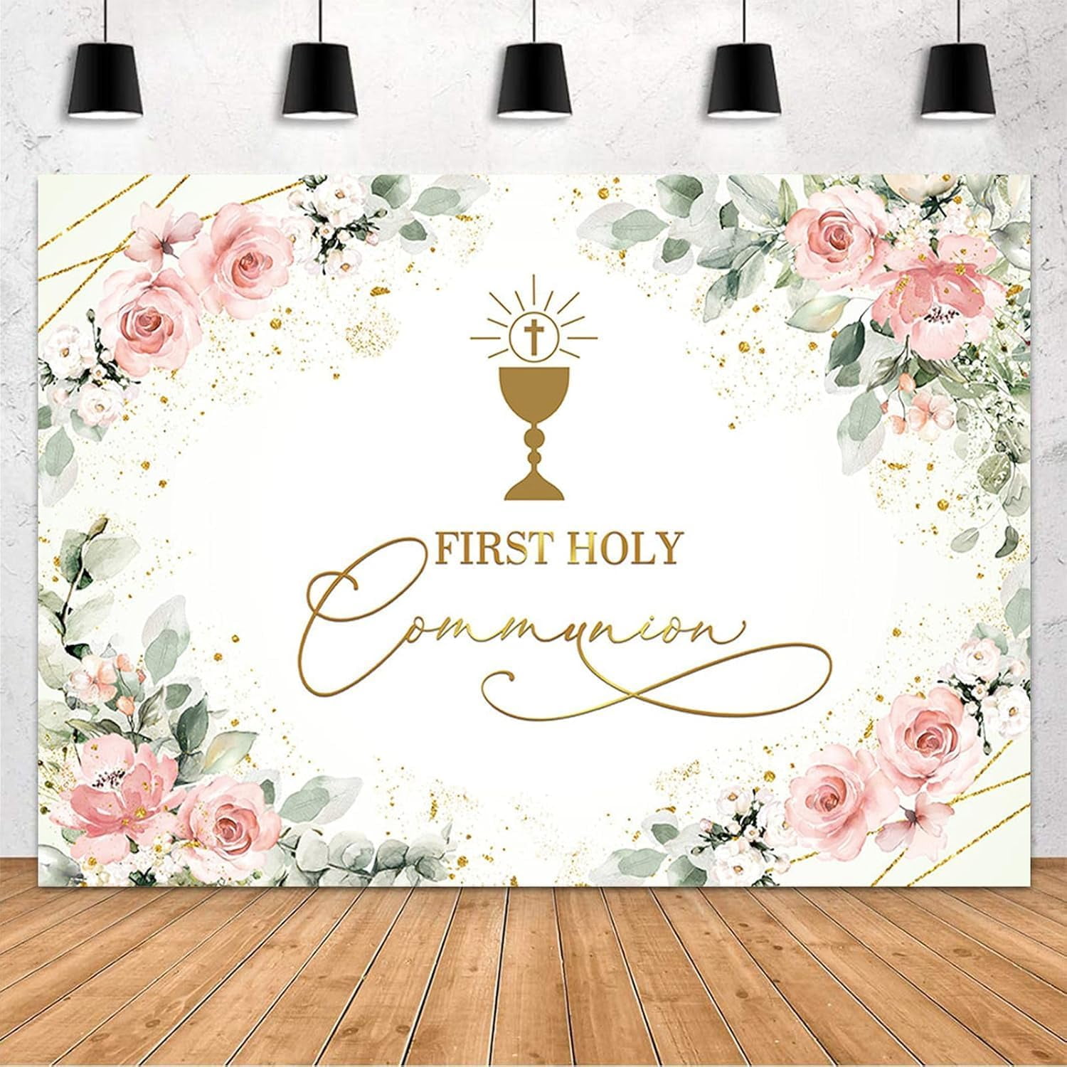 First Holy Communion Backdrop Green Eucalyptus Leaves God Bless Baptism ...