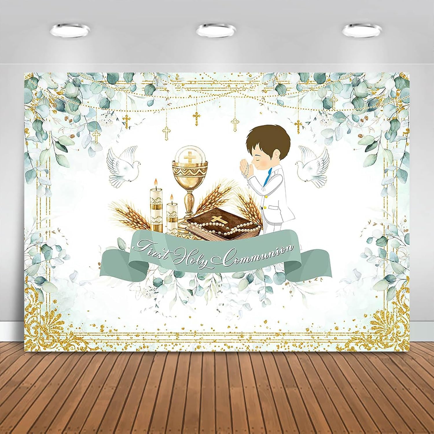 First Holy Communion Backdrop Green Leaves Baptism God Bless Mi Bautizo ...