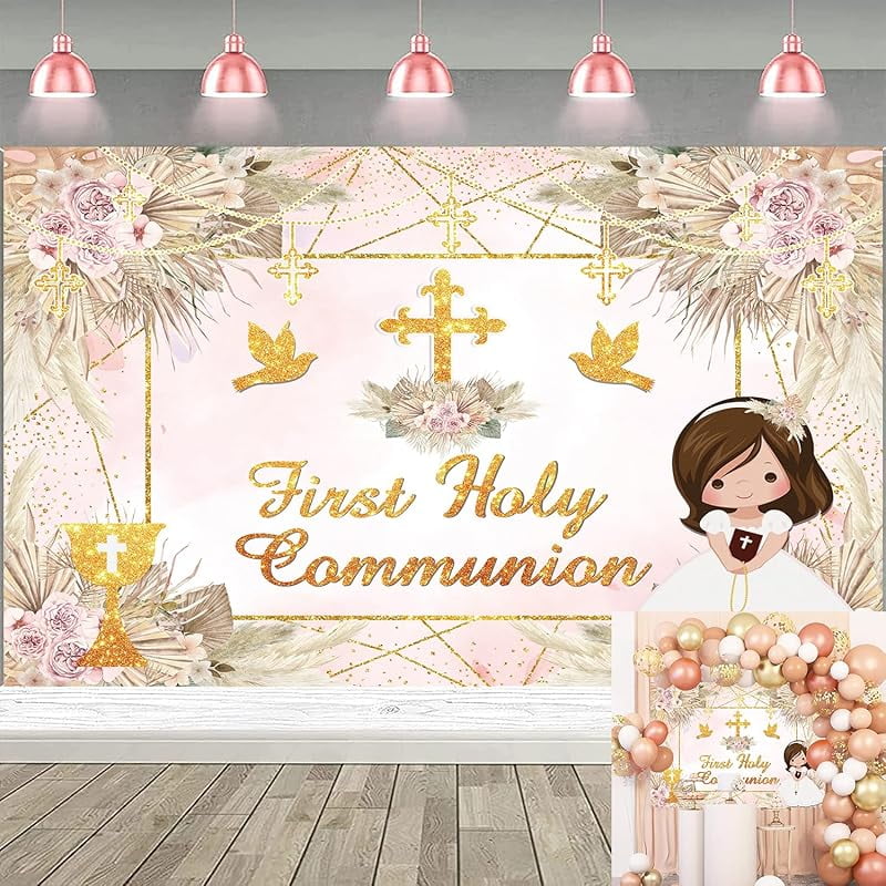 First Holy Communion Backdrop Pink Floral God Bless Baptism Party ...