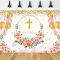 First Holy Communion Backdrop Pink Floral Golden Balloon God Bless ...