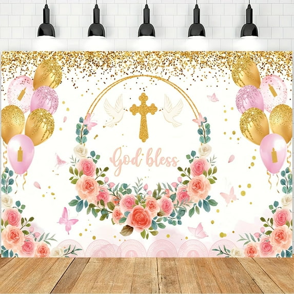 First Holy Communion Backdrop Pink Floral Golden Balloon God Bless ...