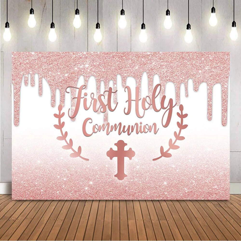 First Holy Communion Backdrop Pink Rose Glitter Shining Dot Photo ...