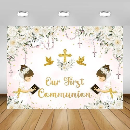 Our First Holy Communion Backdrop for Twin Girls Siblings First Holy Communion Banner God Bless ...