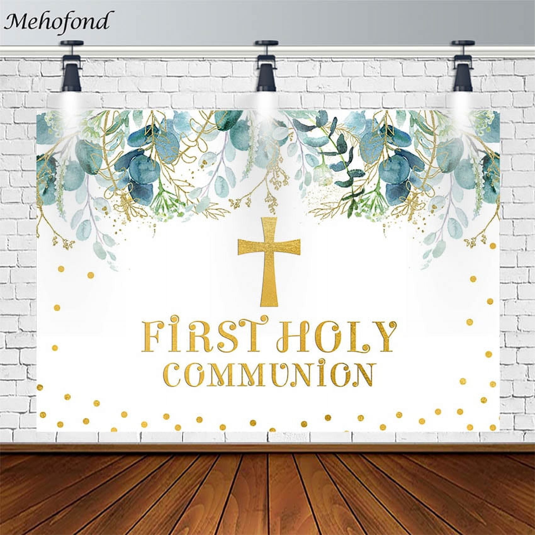 First Holy Communion Backdrops Golden Cross Polka Dot Green Leaf ...