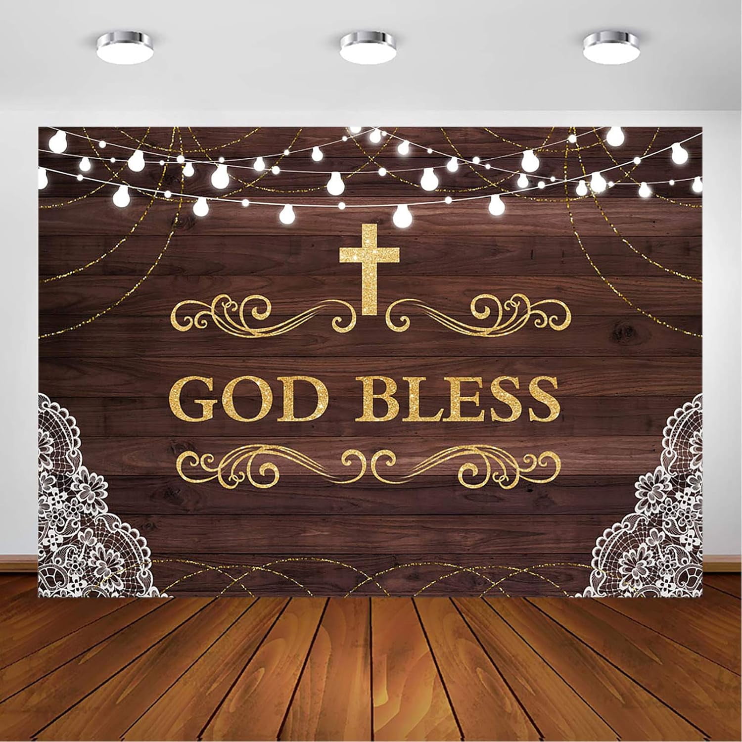 First Holy Communion Baptism Backdrop Rustic Wood Gold God Bless Party ...