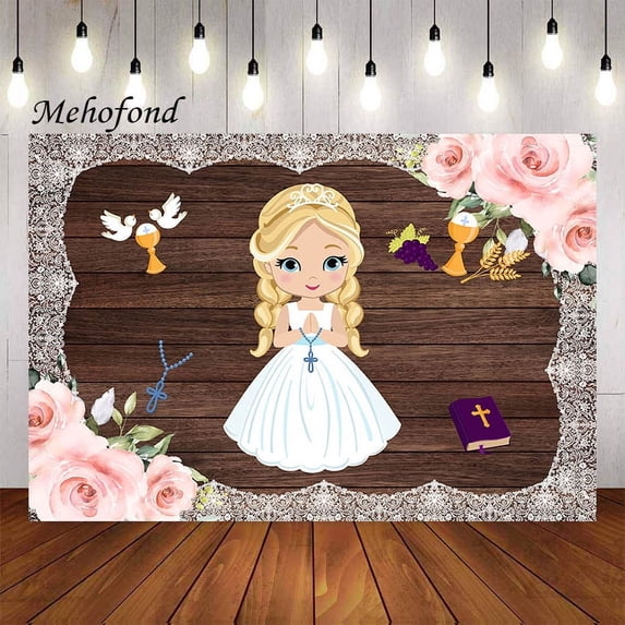 First Holy Communion Baptism Floral Rustic Wood God Bless Cake Table r ...