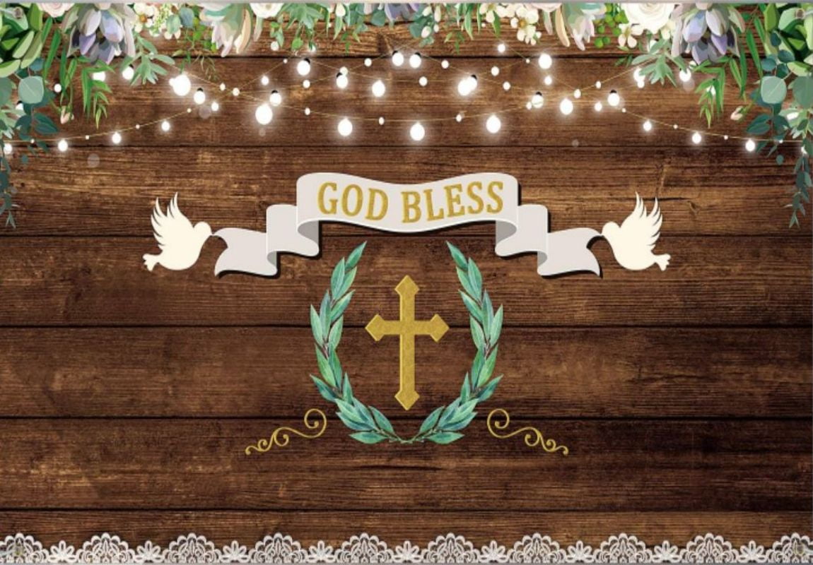 First Holy Communion Baptism Party Backdrop Rustic God Bless Floral ...