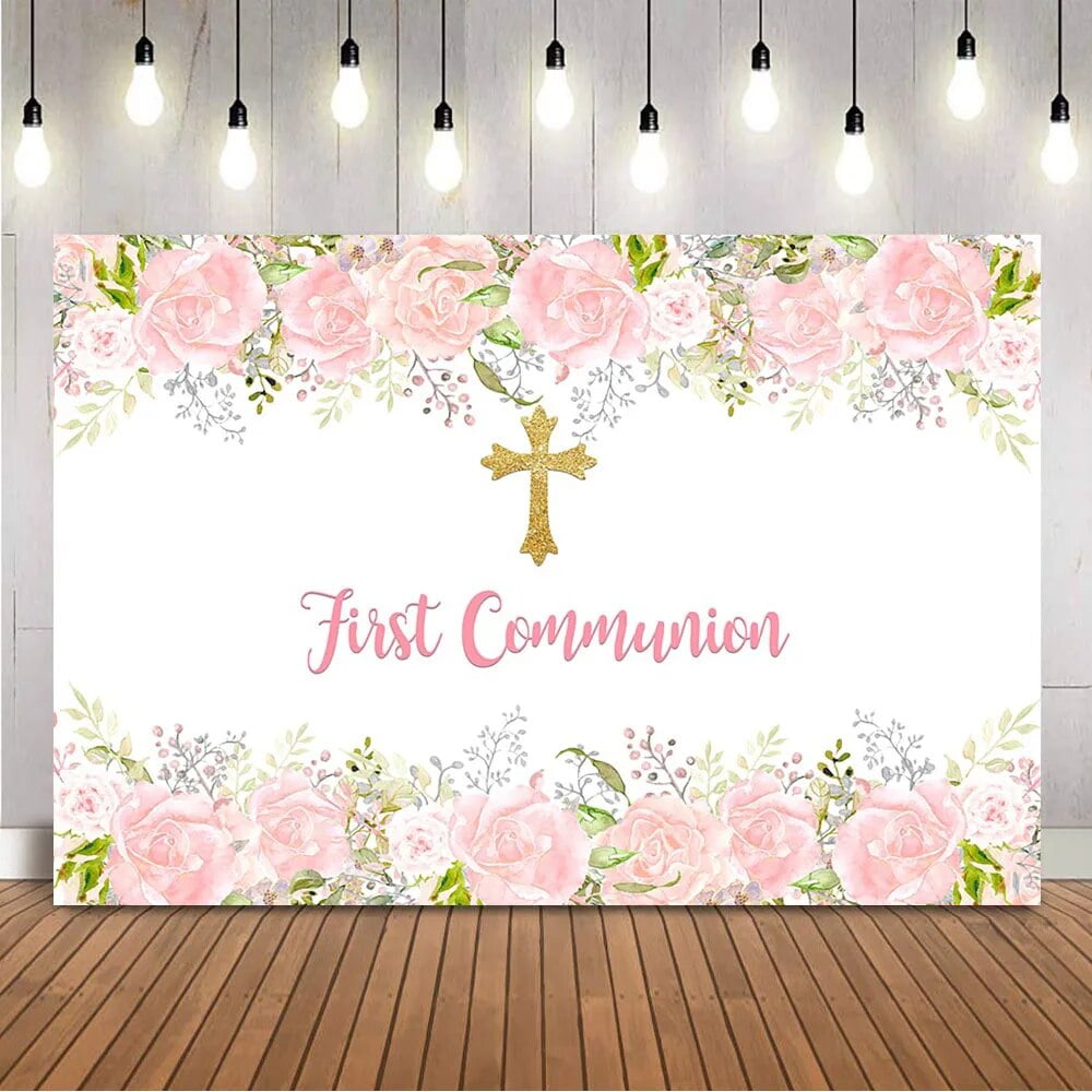 First Holy Communion Birthday Backdrop Pink Watercolor Flowers Girls ...