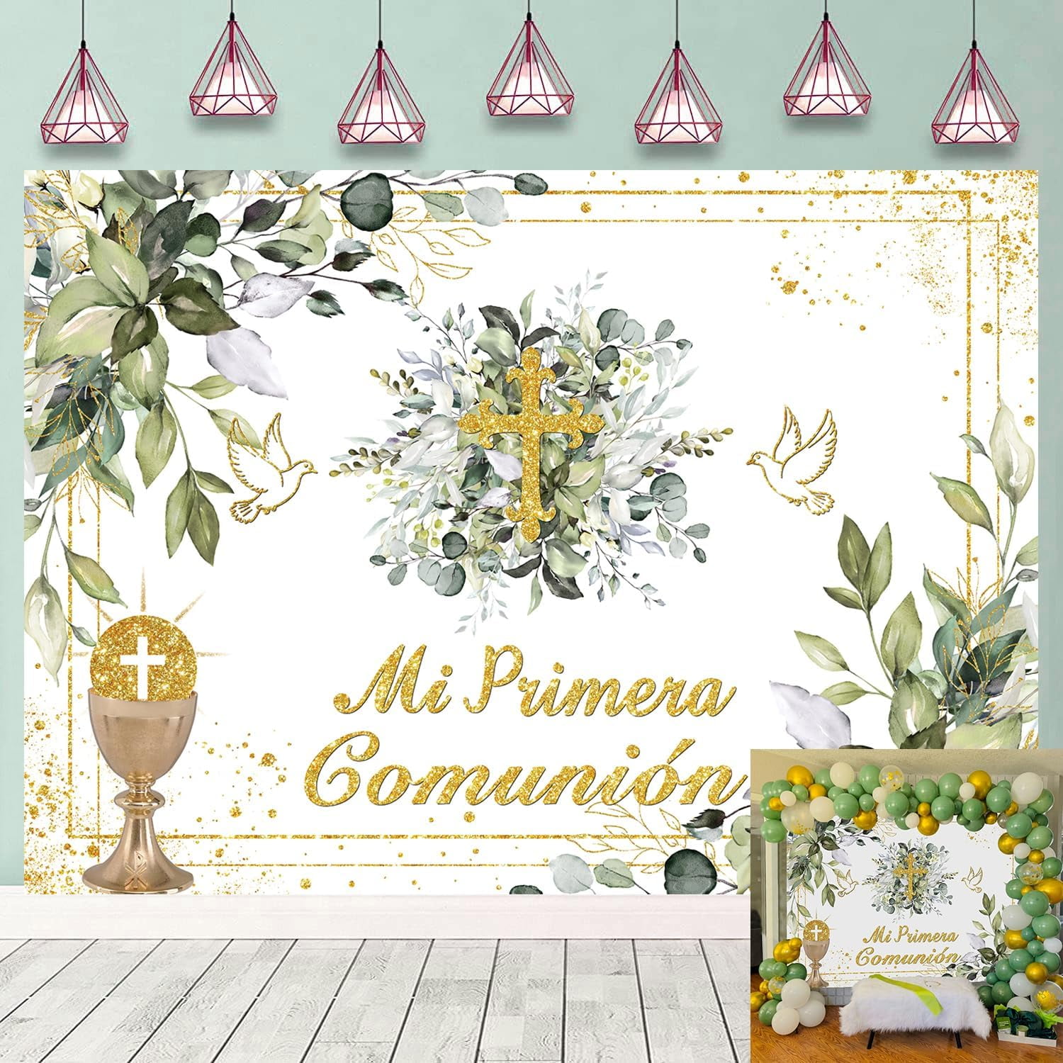 First Holy Communion Party Backdrop Mi Primera Comunion Background Greenery Leaves God Bless ...