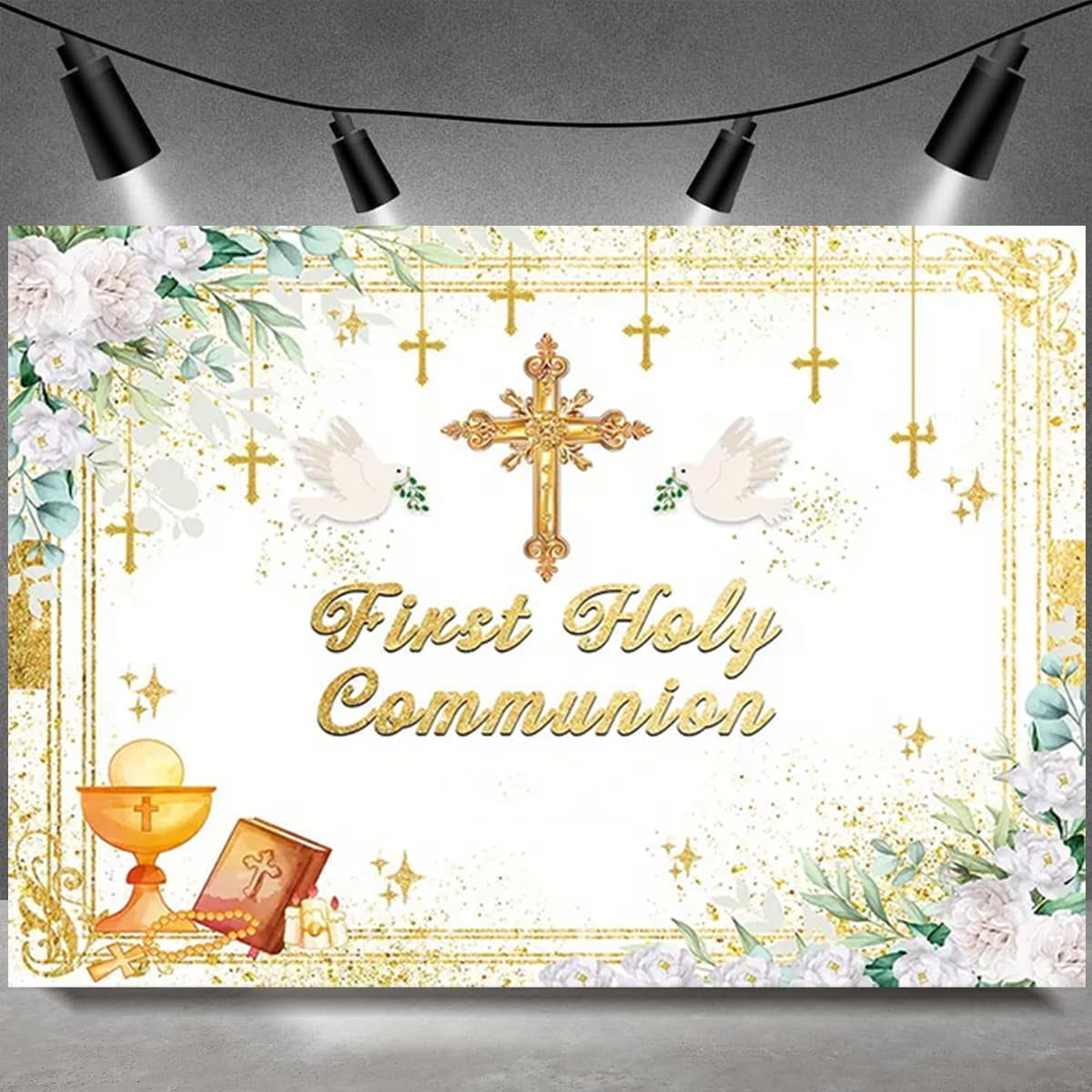 First Holy Communion Photography Background Green Gold Eucalyptus ...