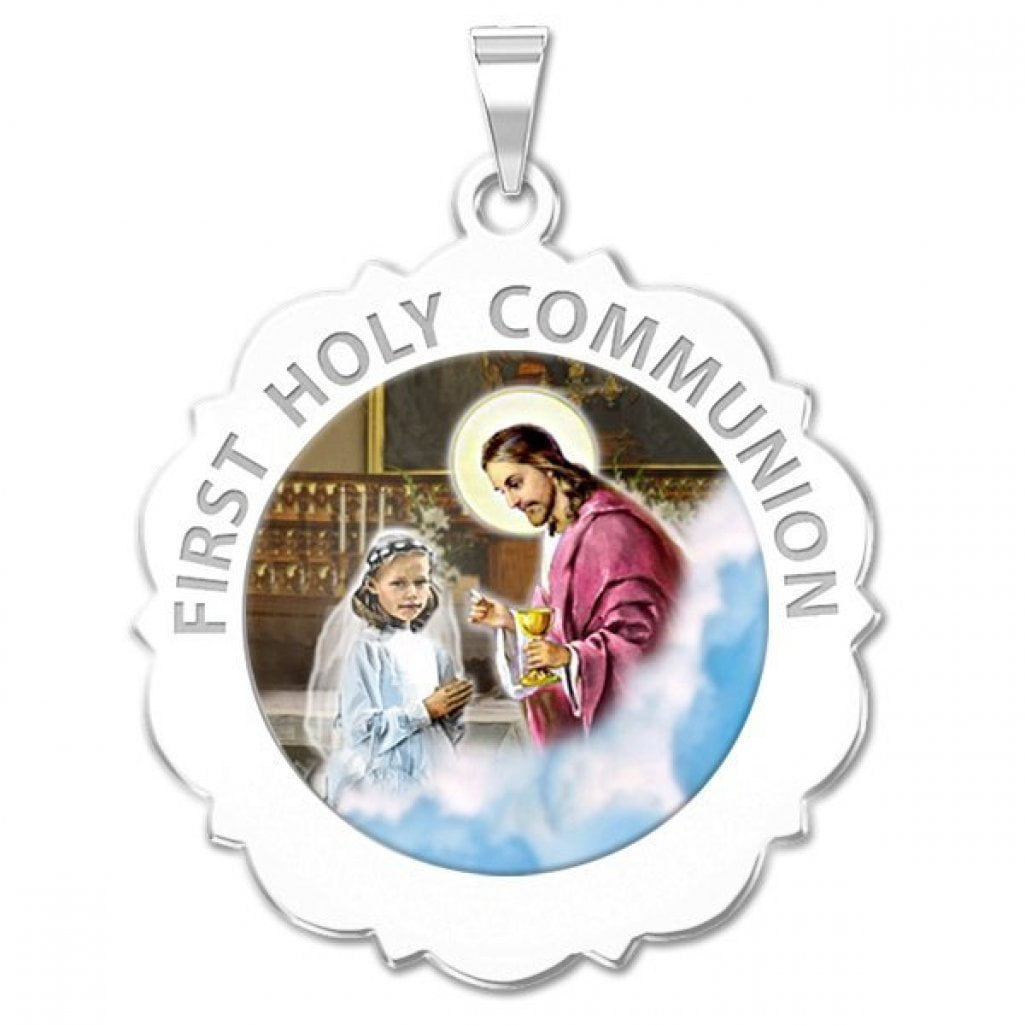 First Holy Communion Religious Medal Scalloped Round (Girl) Color 1 in ...