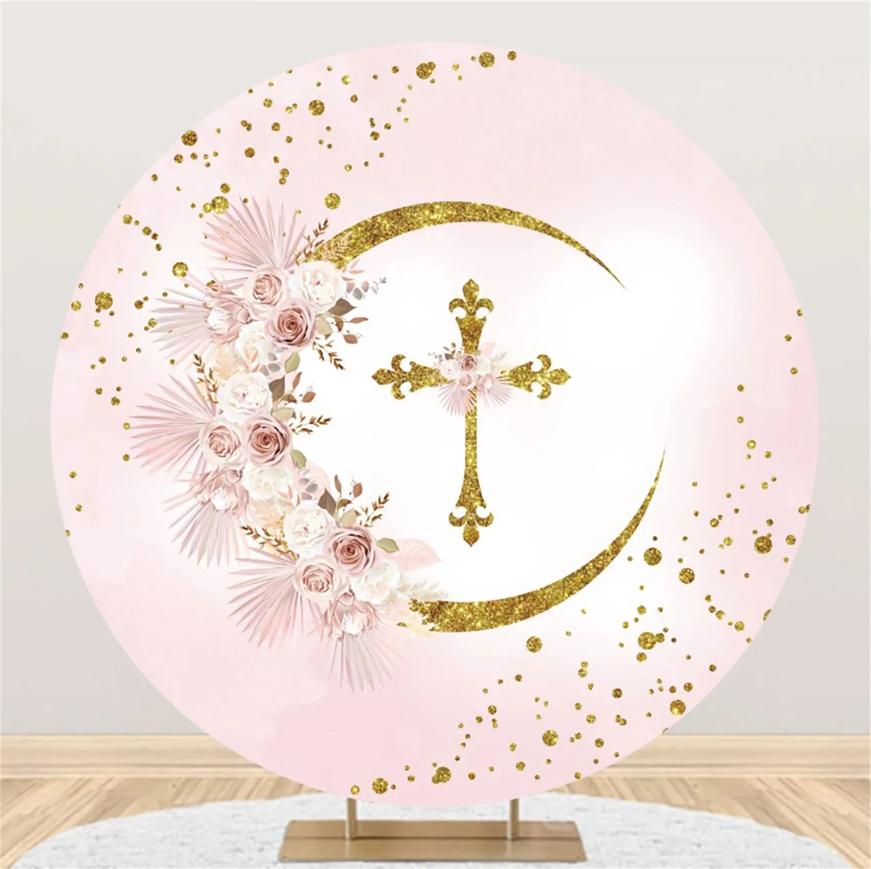 First Holy Communion Round Backdrop Baptism Boy Girl Cross God Bless ...