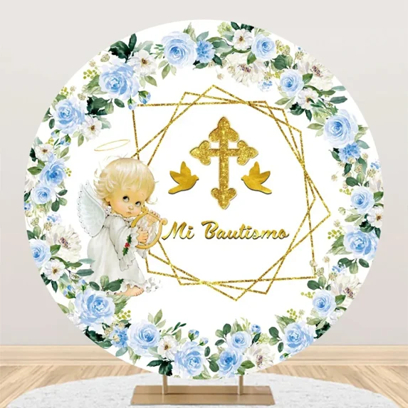 First Holy Communion Round Backdrop Baptism Boy Girl Cross God Bless ...