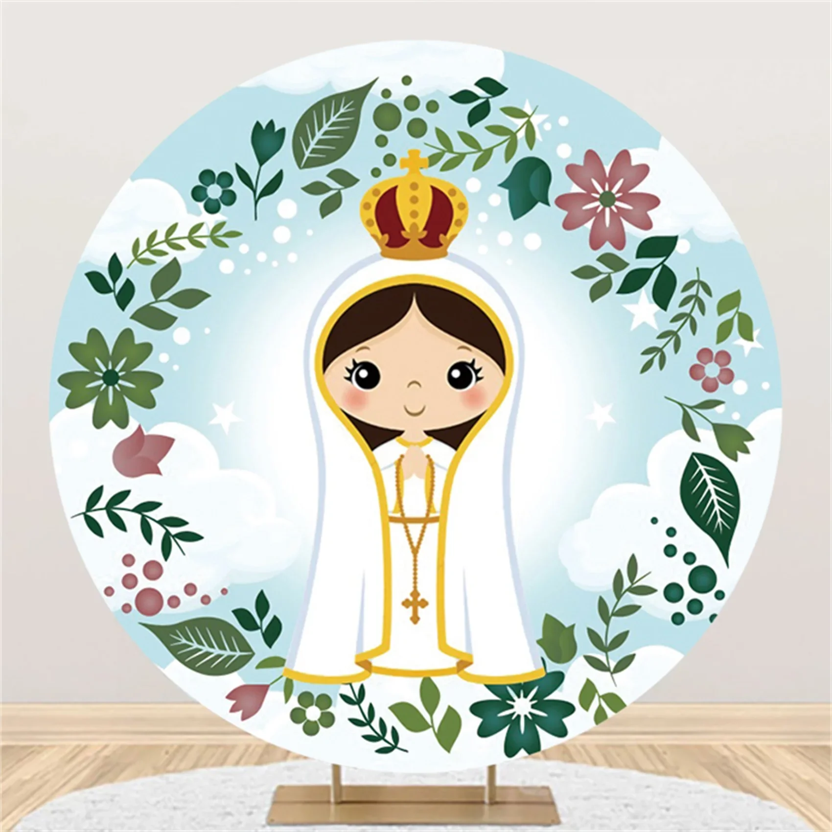 First Holy Communion Round Backdrop Baptism Boy Girl Cross God Bless ...