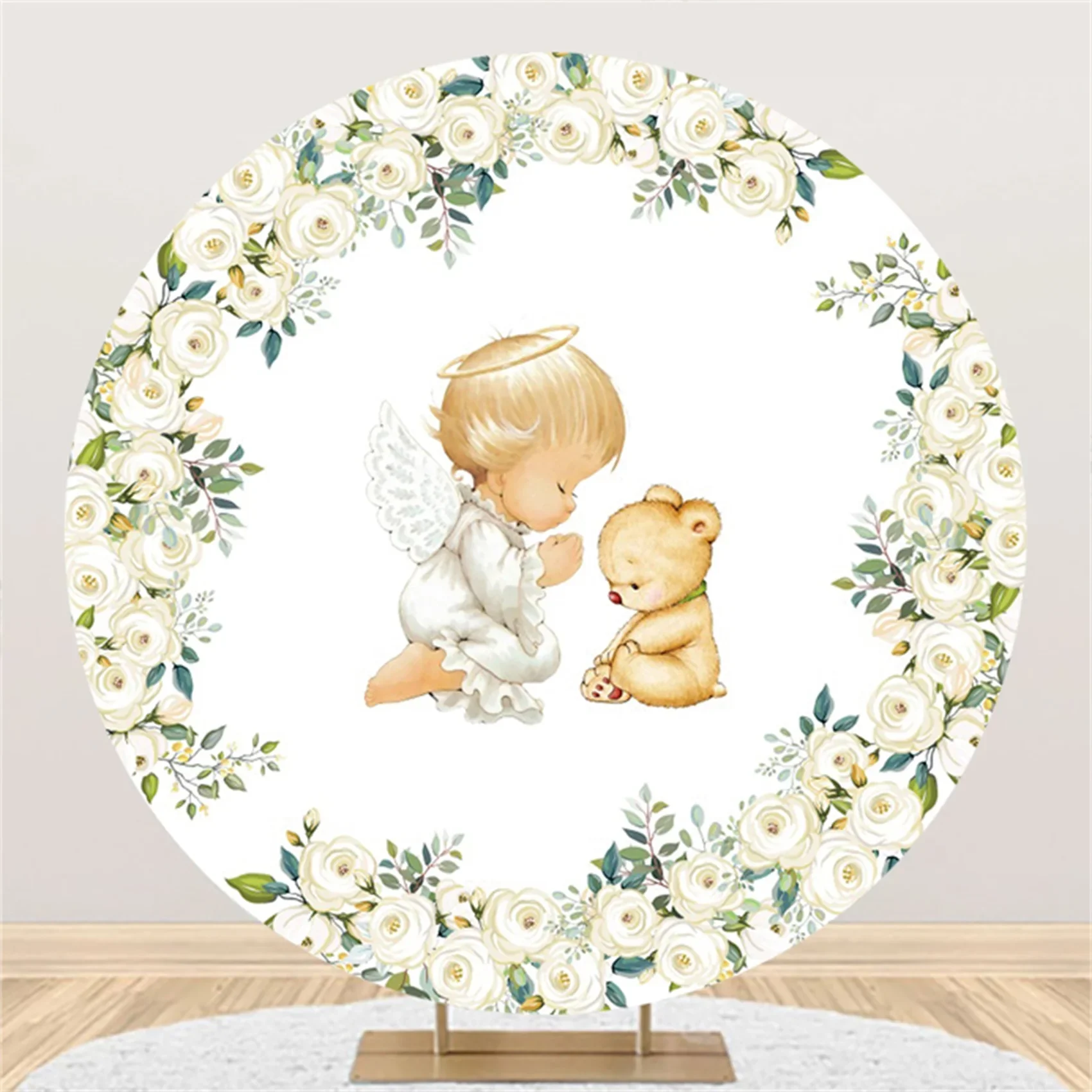 First Holy Communion Round Backdrop Baptism Boy Girl Cross God Bless ...
