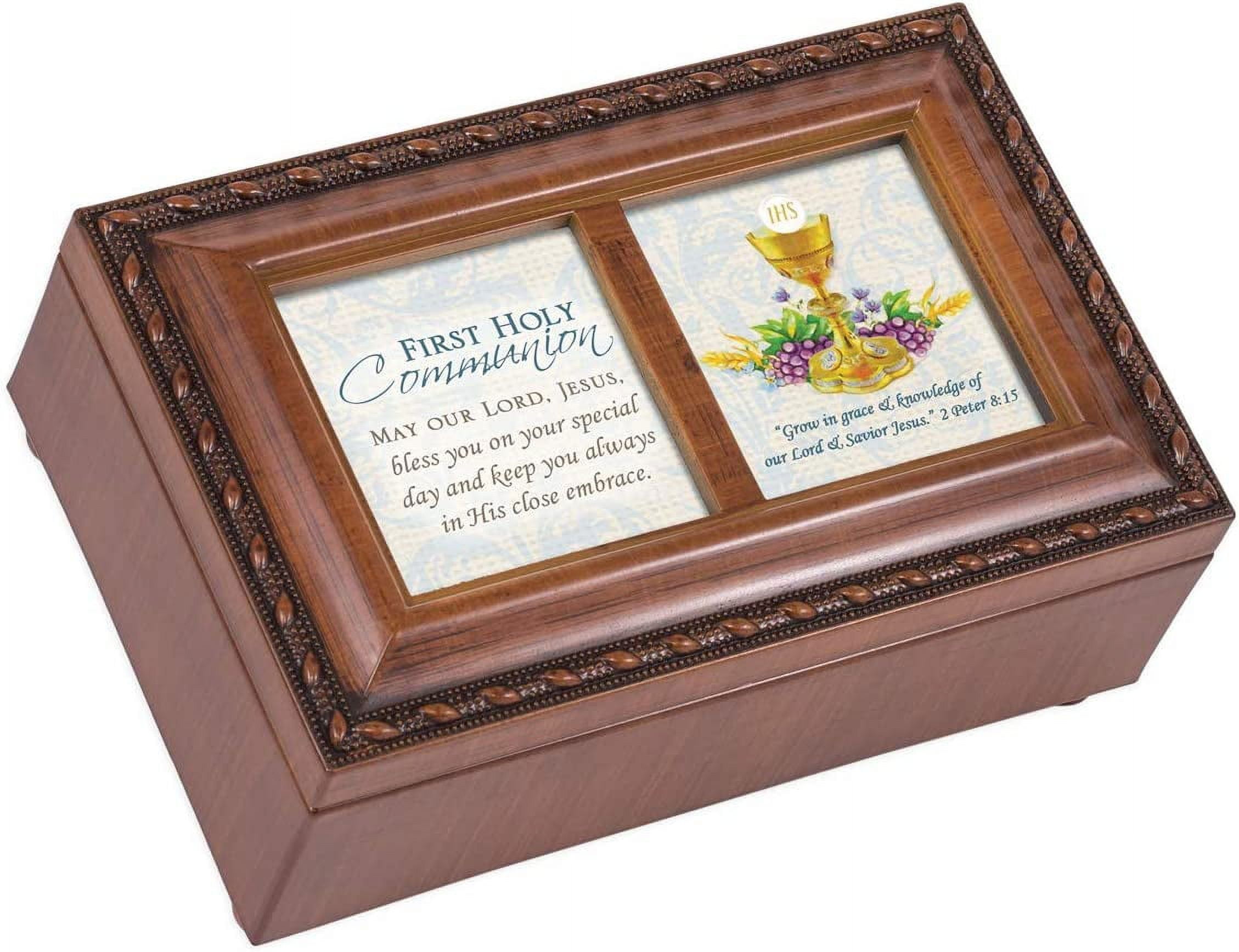 First Holy Communion Woodgrain Rope Trim Petite Music Box Plays How ...