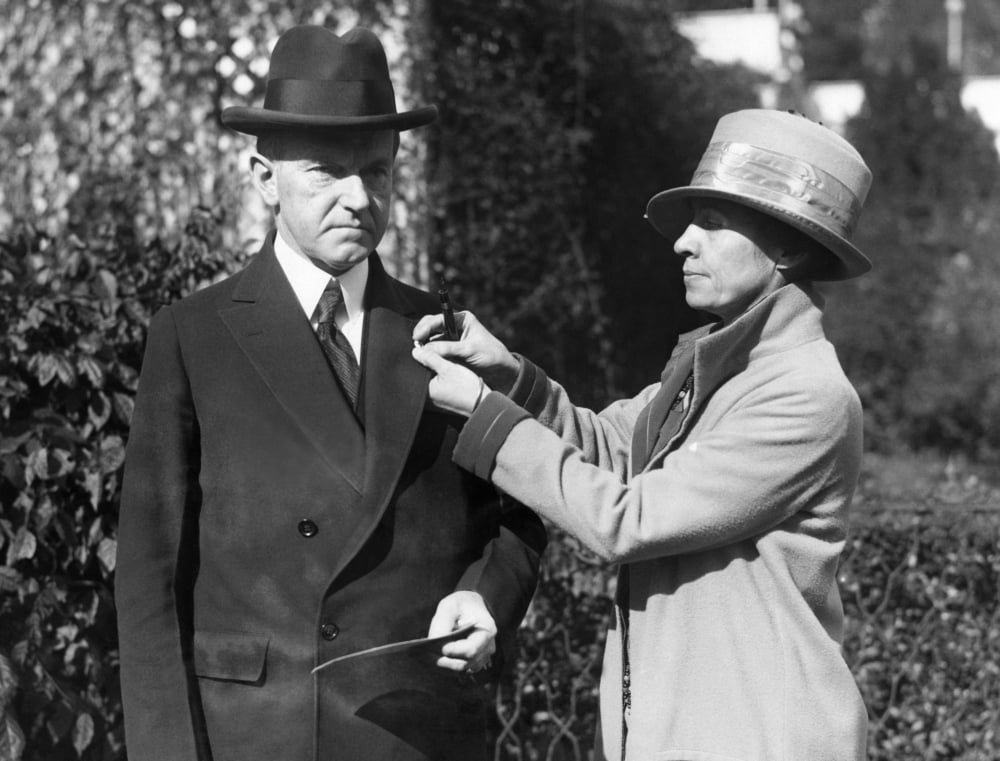 First Lady Grace Coolidge Pins A Red Cross Button On President Calvin ...
