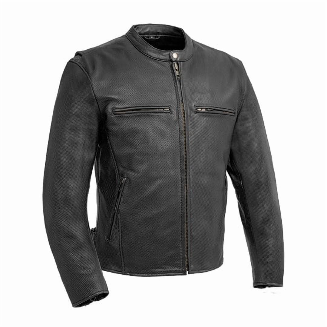 First Mfg Men's Motorcycle Perforated Leather Jacket (Black, M ...
