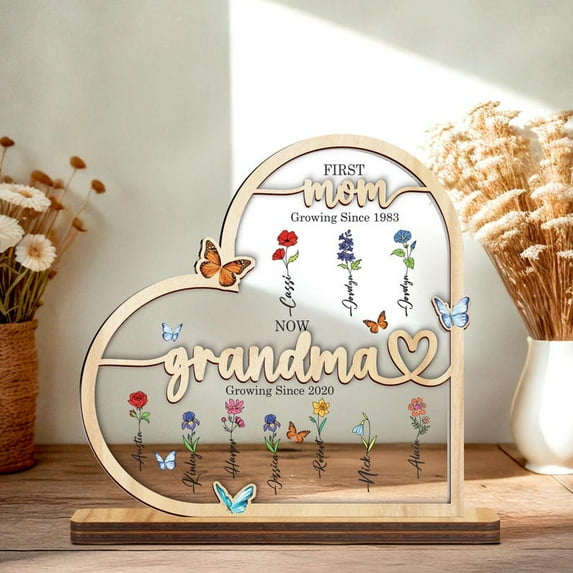 First Mom Now Grandma Birth Flower Sign, Personalized Garden Acrylic ...