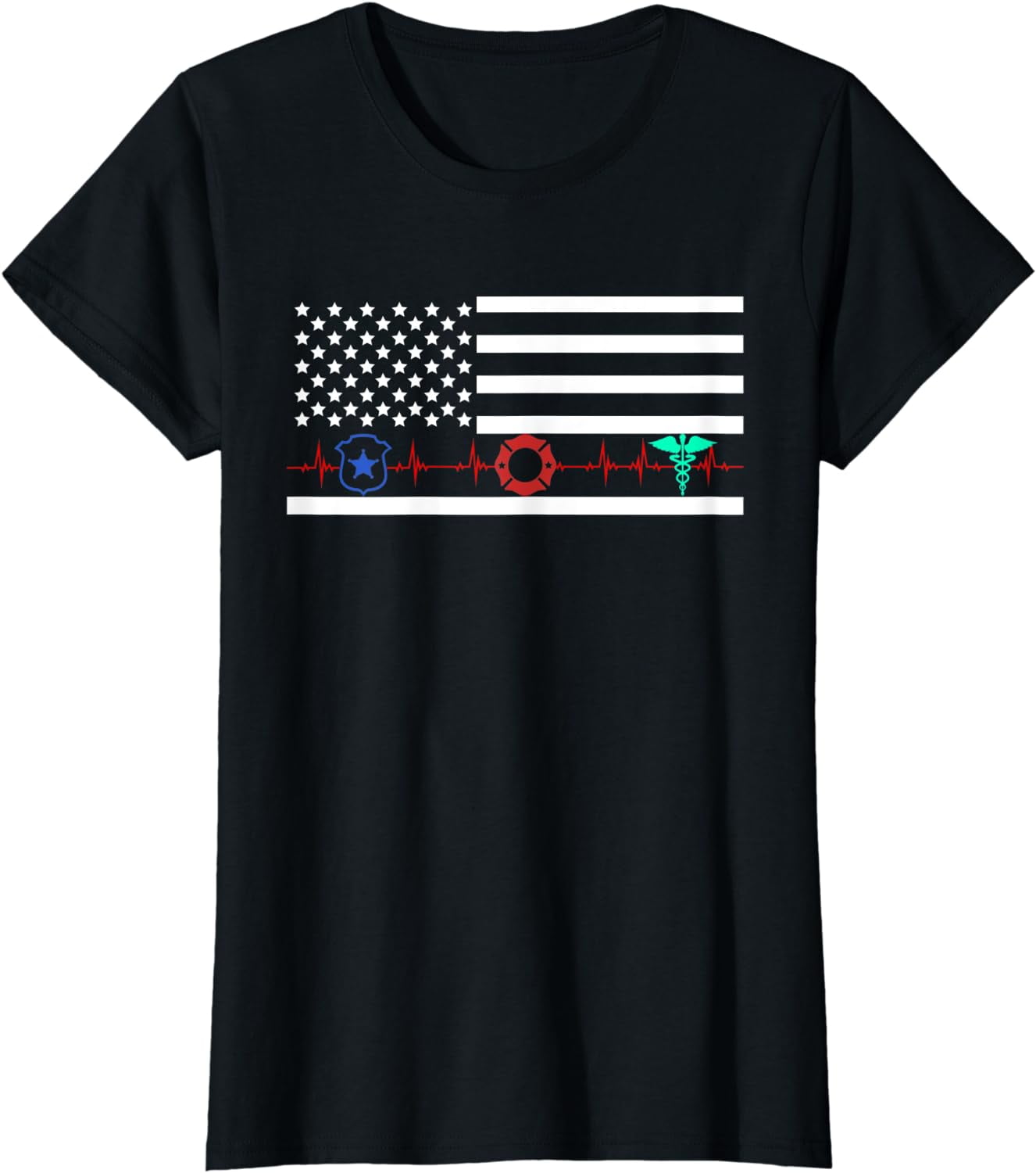 First Responder Police Medical Fire Fighters Heart Beat Flag T-Shirt ...