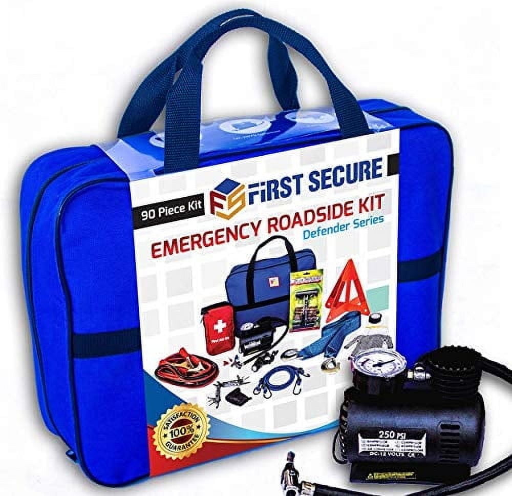 First Secure Emergency Roadside Kit, 90-Piece Car Safety Pack with ...