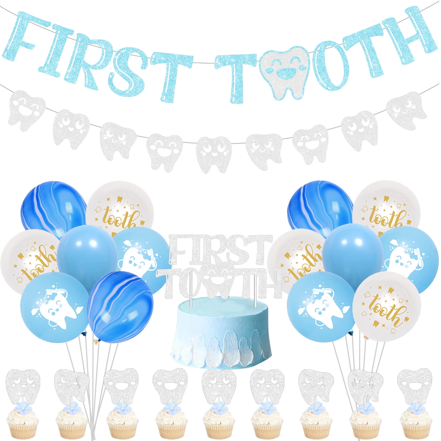 Cheereveal First Tooth Party Decoration Kit, Blue White, Glitter Banner ...