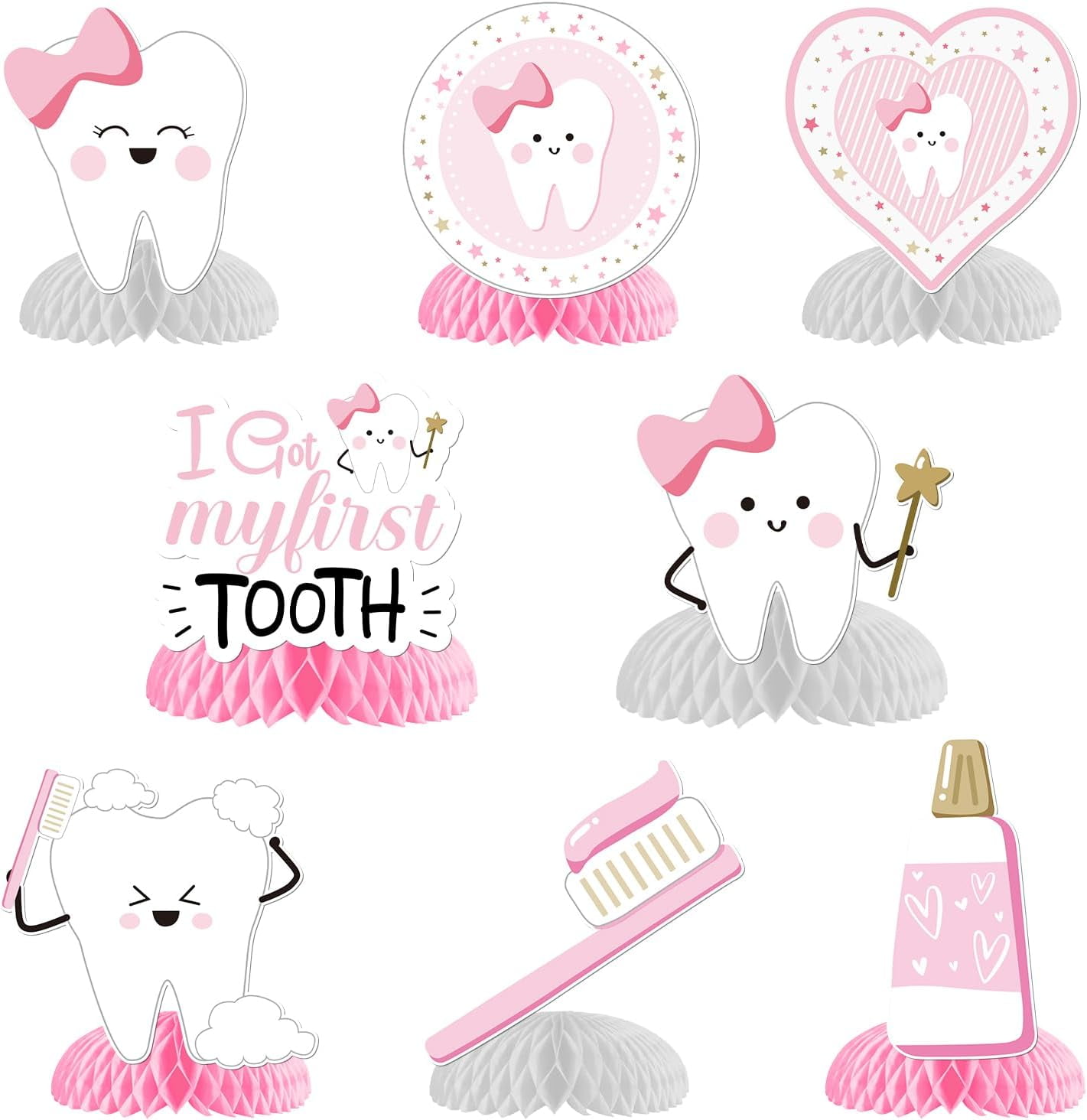 First Tooth Honeycomb Centerpieces Pink Dental Theme Party Table ...