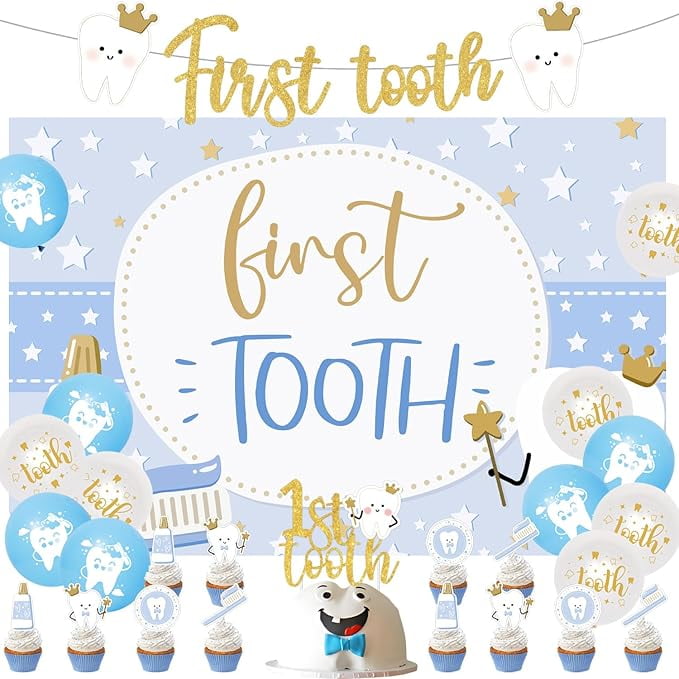 First Tooth Themed Party Decorations Blue 1st Baby Tooth Photography ...