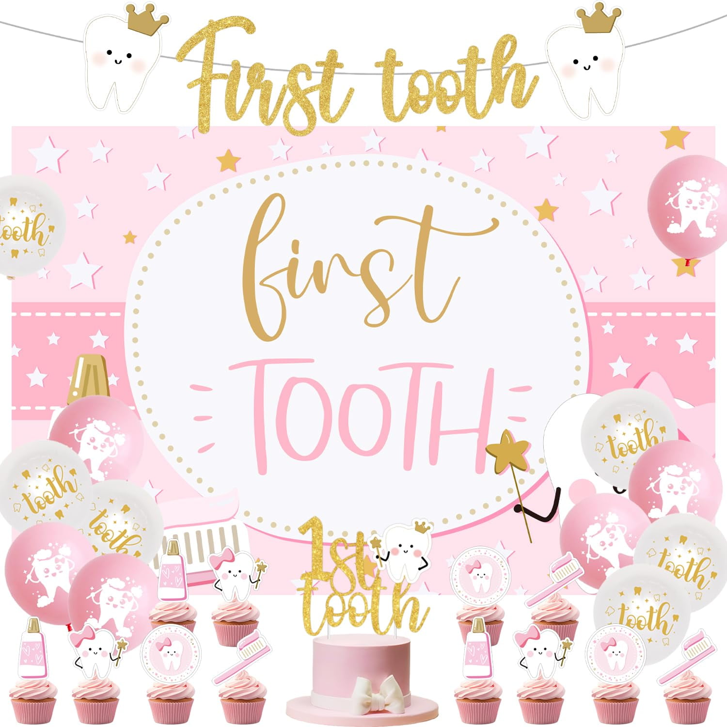 First Tooth Themed Party Decorations Pink 1st Baby Tooth Photography ...