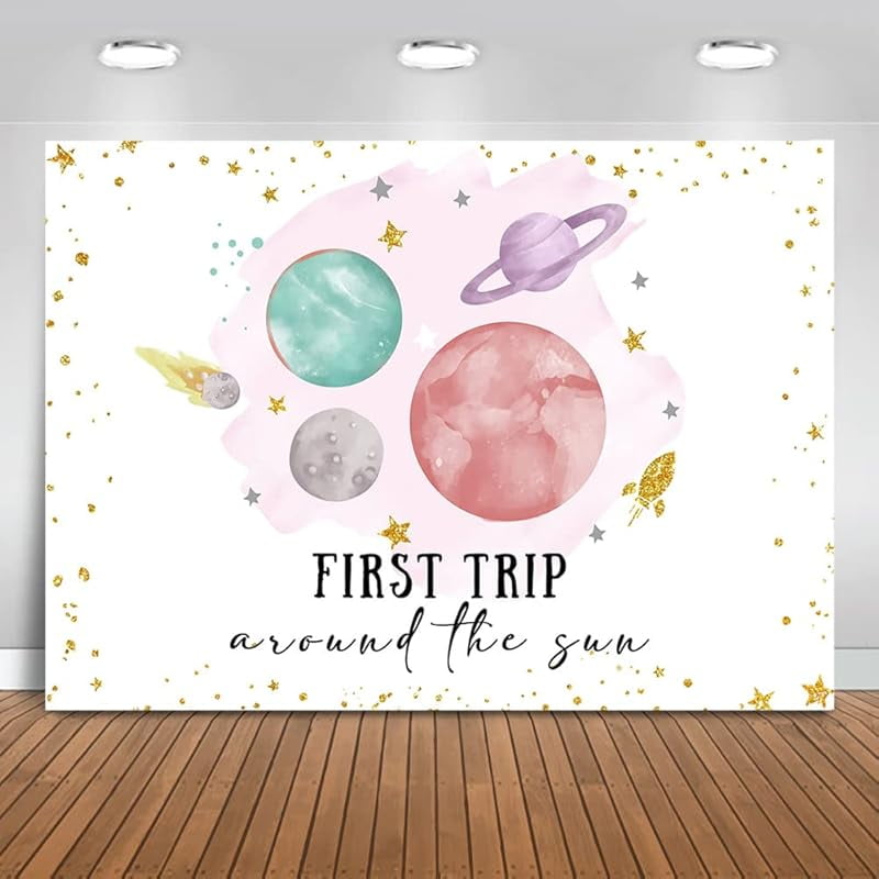 First Trip Around The Sun Backdrop Outer Space Girl First Birthday Background Pink Galaxy Blast ...