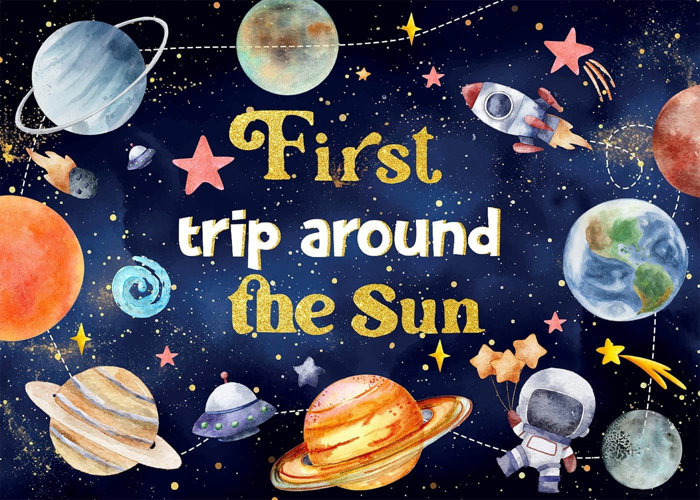 First Trip Around The Sun Groovy Birthday Backdrop Outer Space Galactic ...