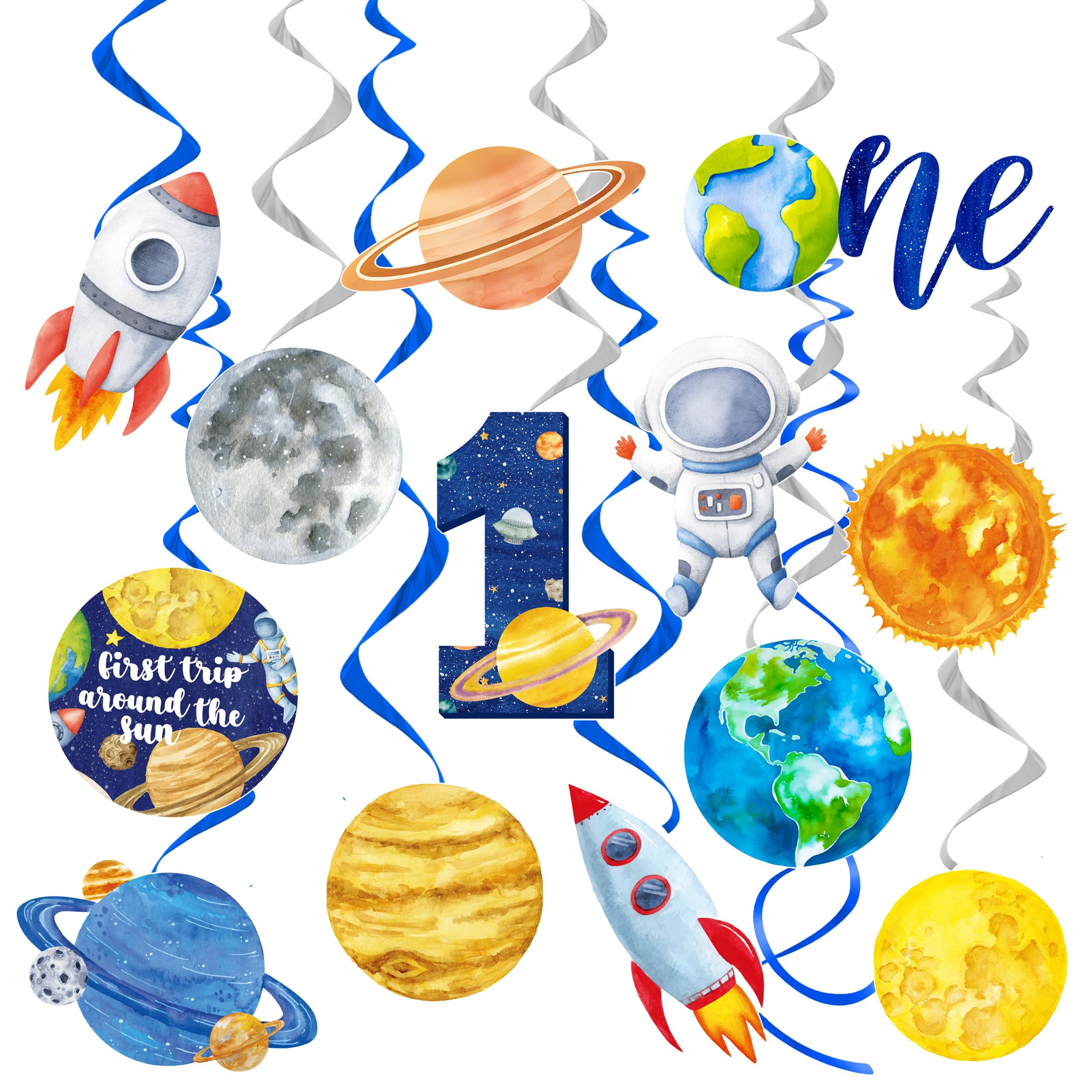 First Trip Around The Sun Party AFN1Hanging Swirls Space 1st Birthday ...