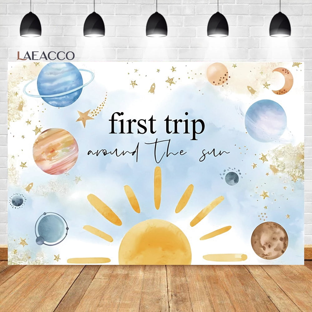 First Trip Backdrop Outer Space Watercolor Planets 1st Birthday Party ...
