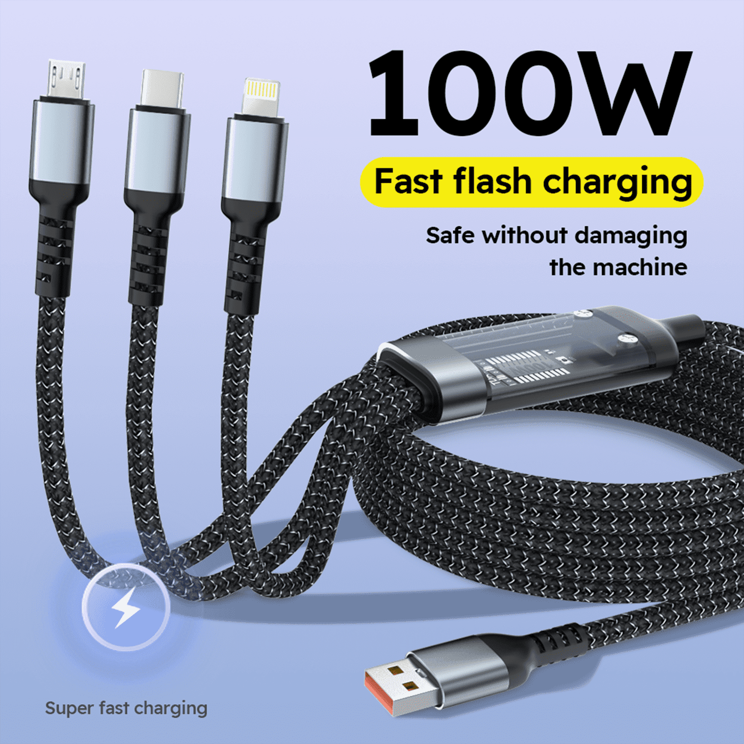 Firsting 100W 3-in-1 USB Charger Cord, Fast Charging Cable, Lightning Type-C Micro USB, Black ...