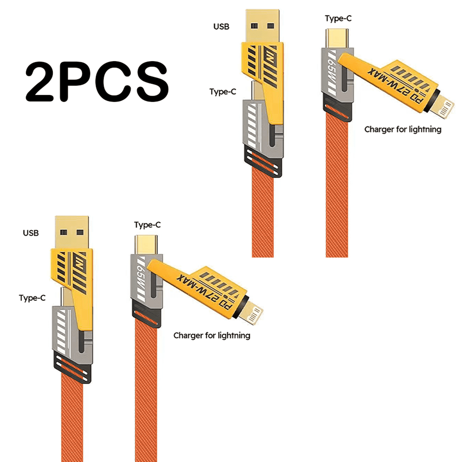 Firsting 2PCS 65W 4-in-1 Multi Cell Phone Data Cable Fast Charge 27WPD ...