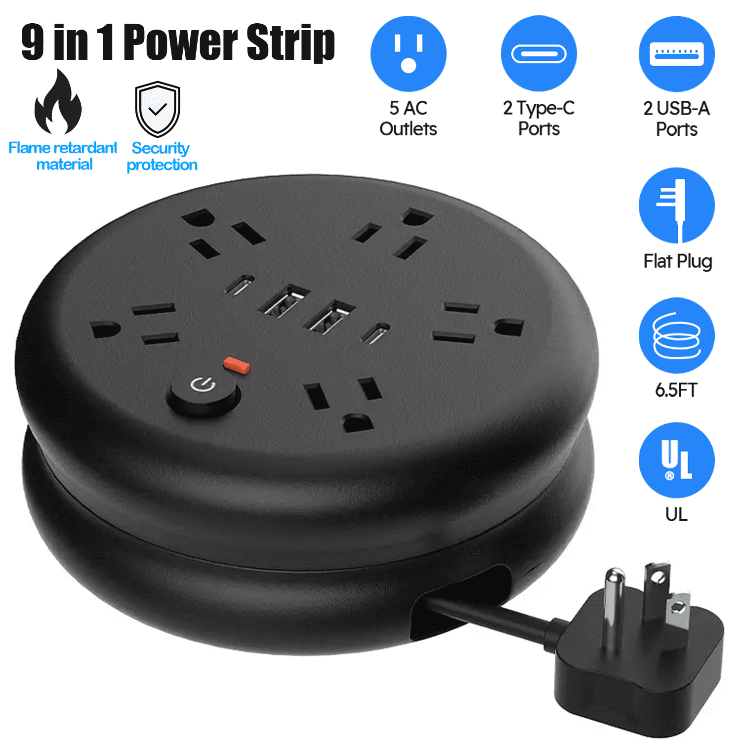 Firsting 6.5FT Extension Cord Multi Plug Surge Protector Flat Power ...